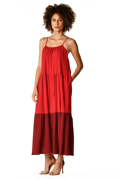 Shop Colorblock hem cotton gauze tiered sundress | eShakti