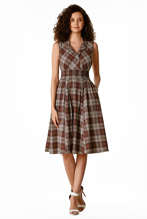 Shop Smocked waist cotton check shirtdress | eShakti
