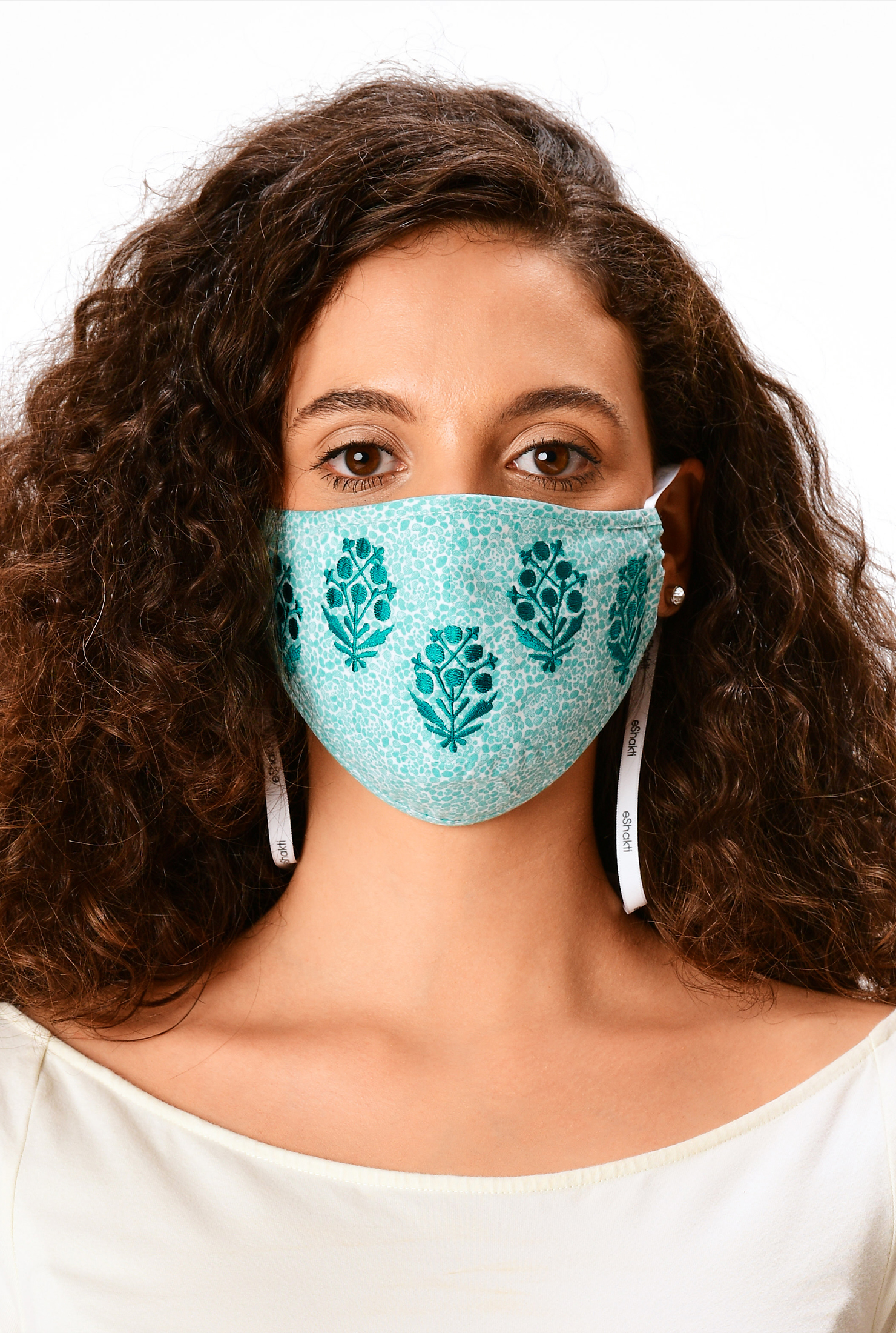 Shop Floral embroidery graphic print cotton poplin shaped face mask ...