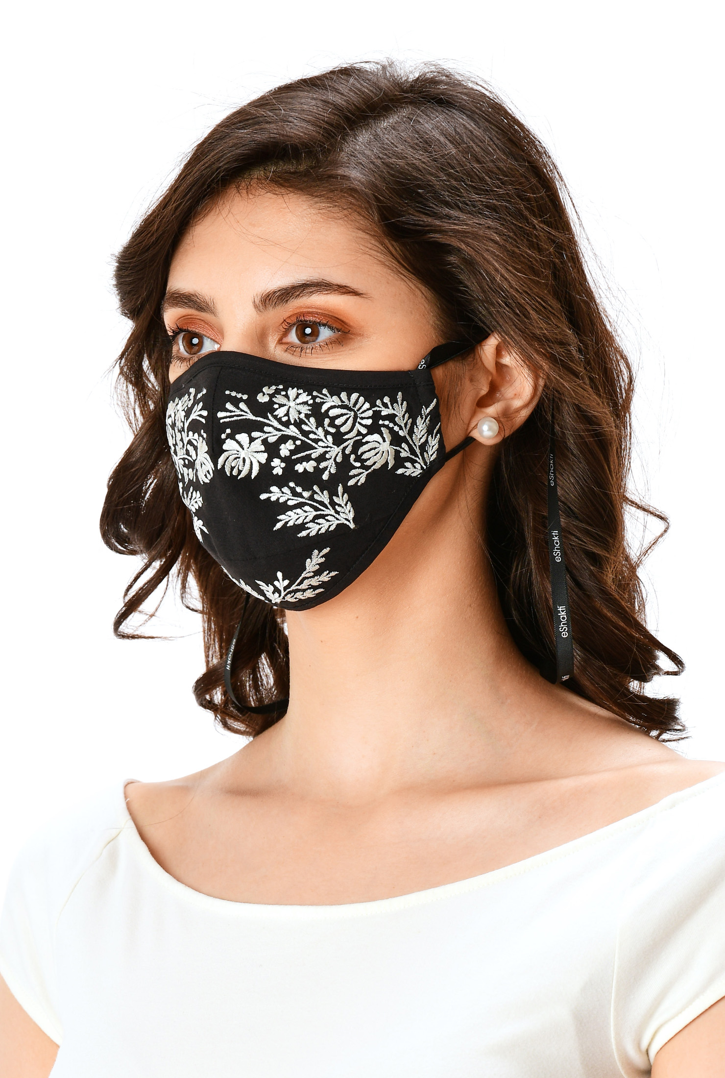 Shop Floral vine embroidery cotton poplin shaped face mask | eShakti