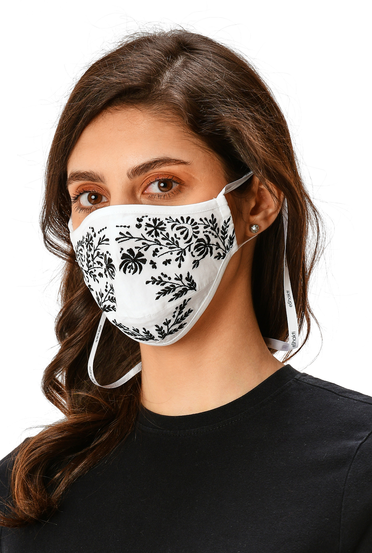 Shop Floral vine embroidery cotton poplin shaped face mask | eShakti