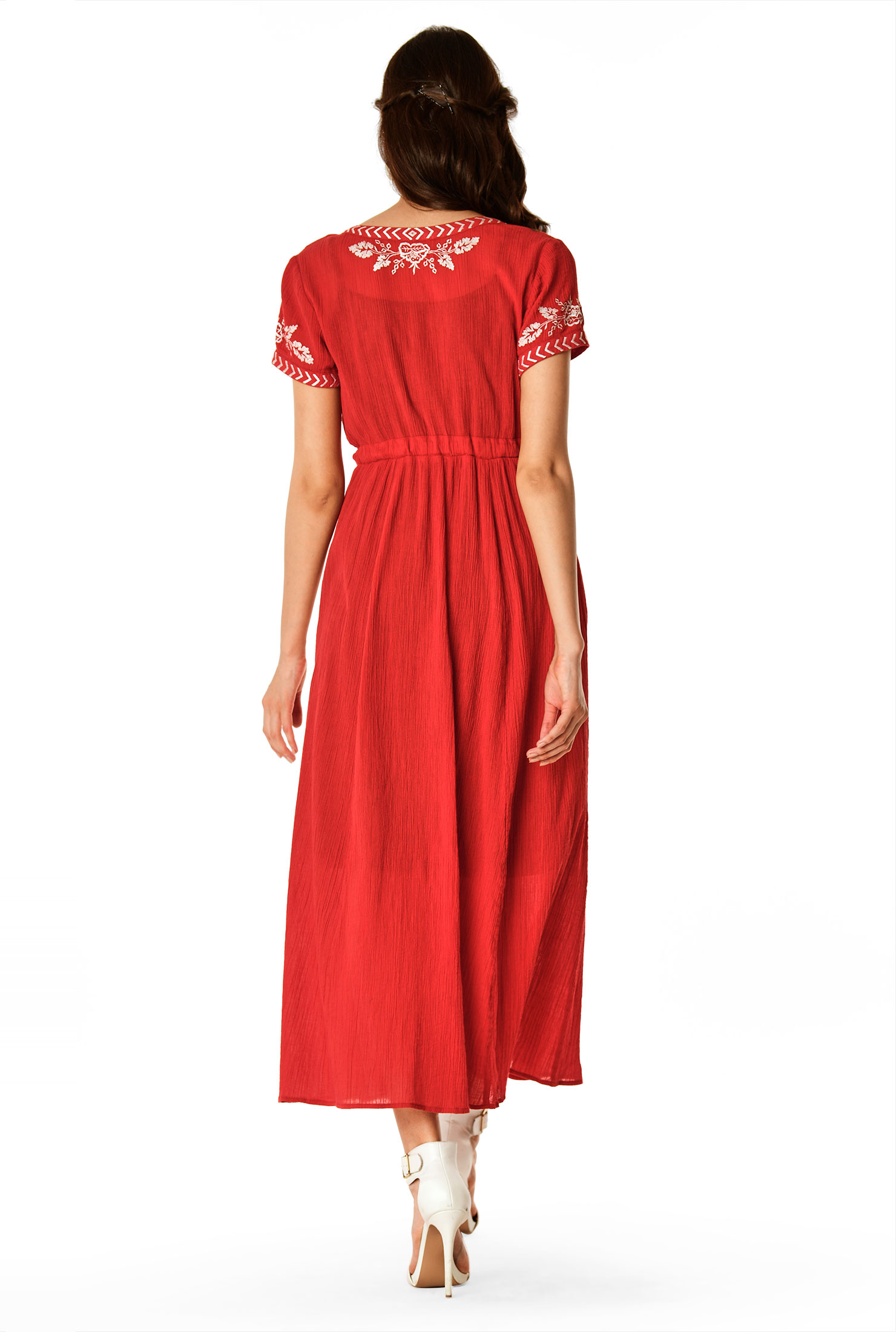 Shop Floral embroidery cotton gauze drawstring dress | eShakti