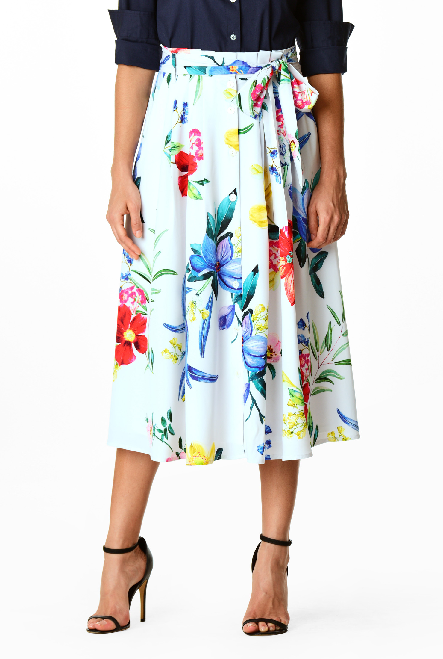 Shop Floral print matte crepe paperbag waist skirt | eShakti