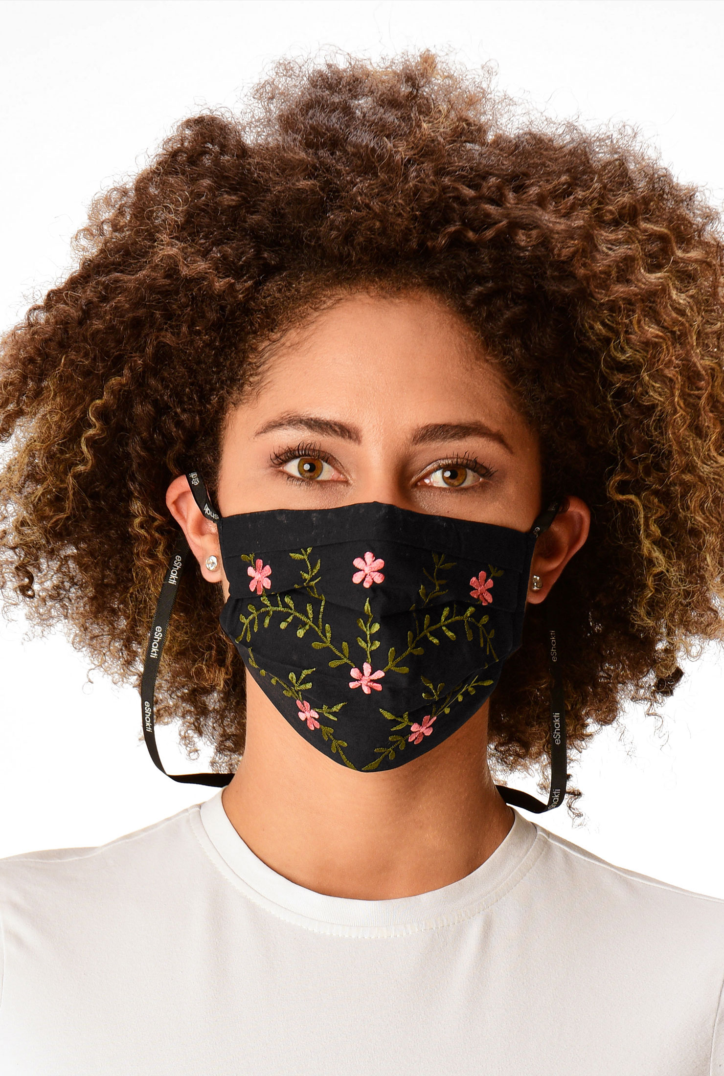 Shop Floral embroidery cotton poplin pleated face mask | eShakti