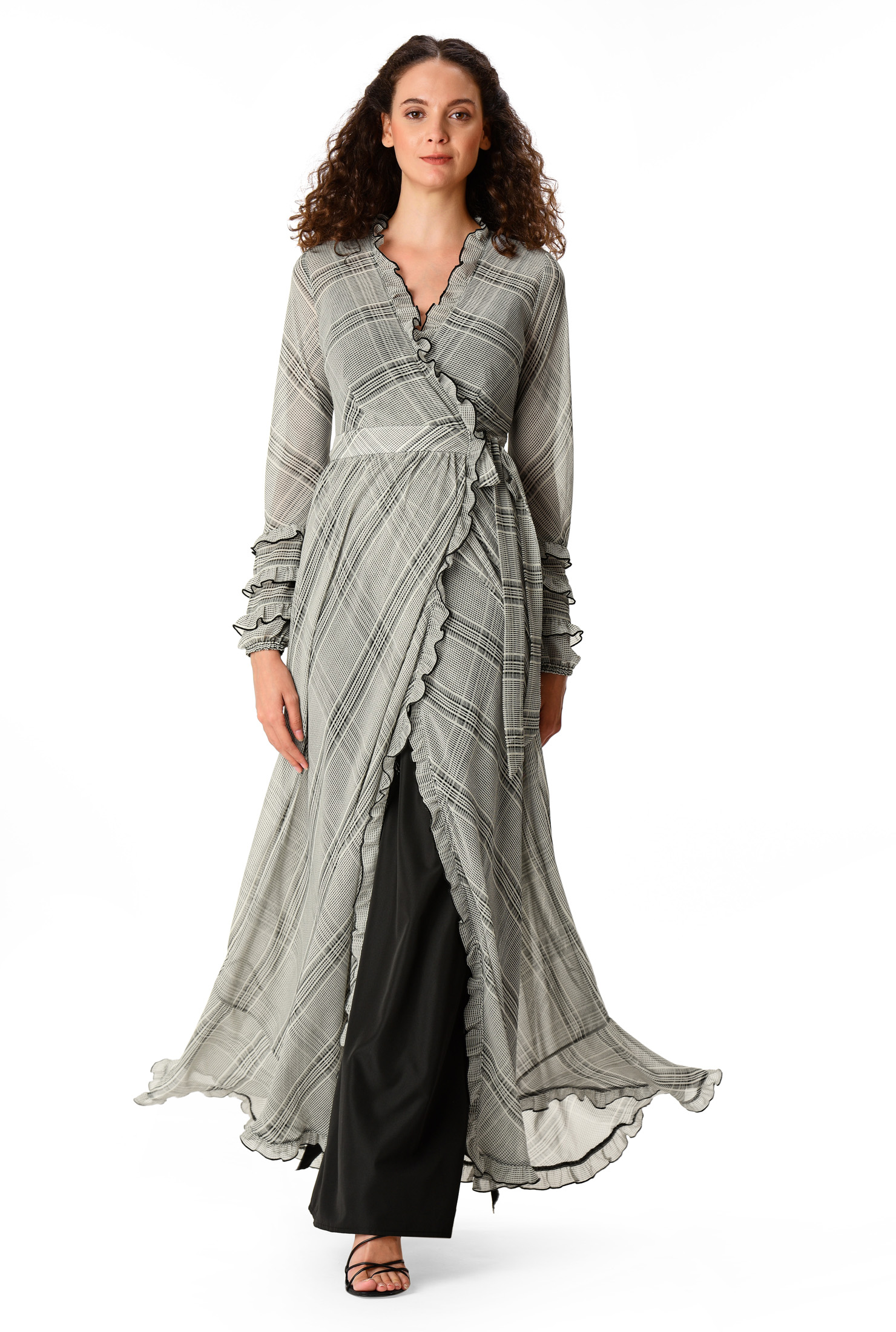 Shop Ruffle check print georgette wrap dress | eShakti