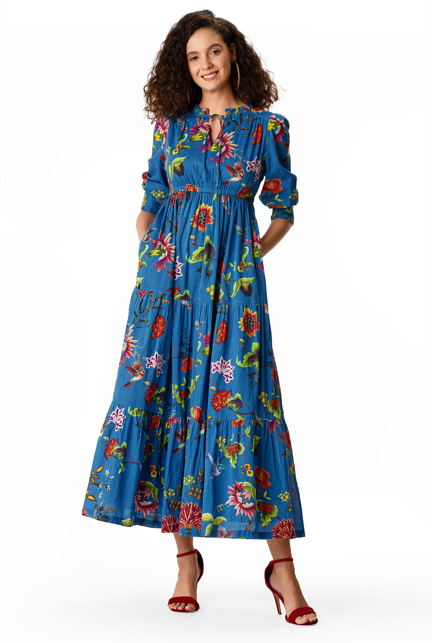 Shop Floral print cotton voile tiered dress | eShakti