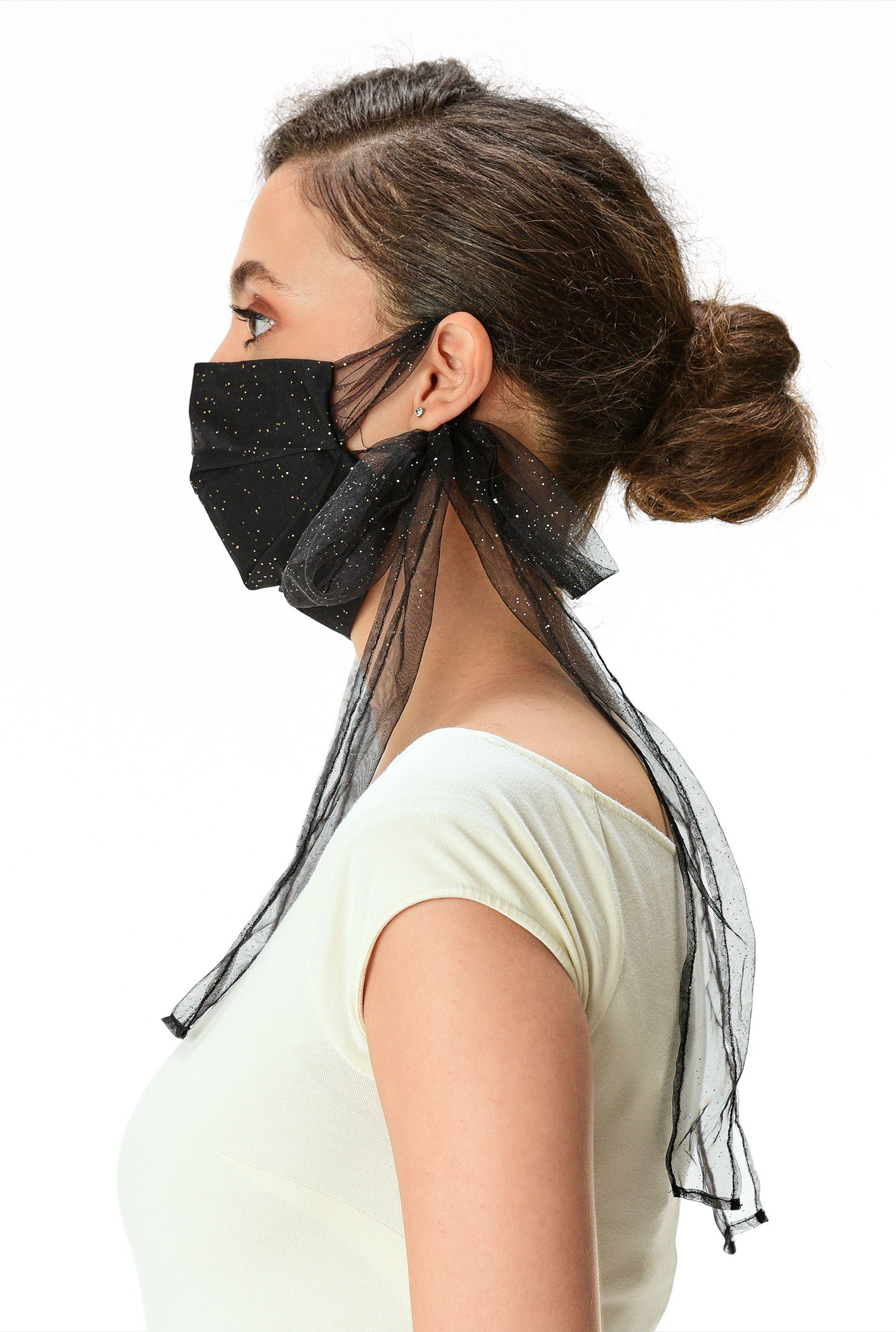 Shop Gold print tulle sash tie shaped face mask | eShakti