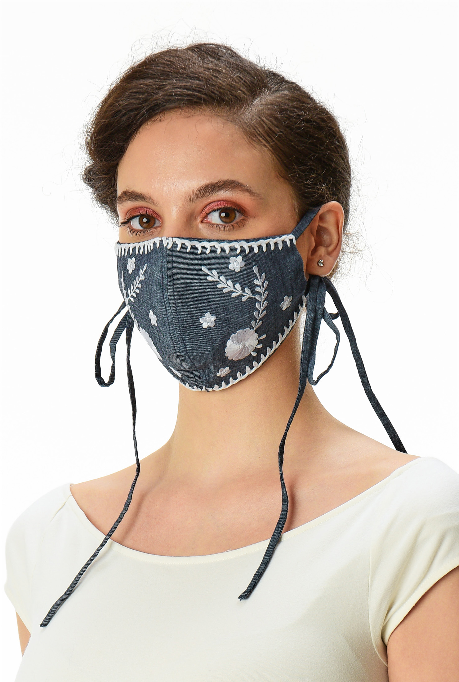 Shop Tie back floral embroidery cotton chambray shaped face mask | eShakti