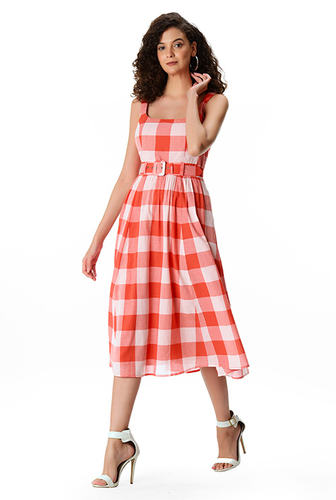 Shop Button tab cotton check belted sundress | eShakti