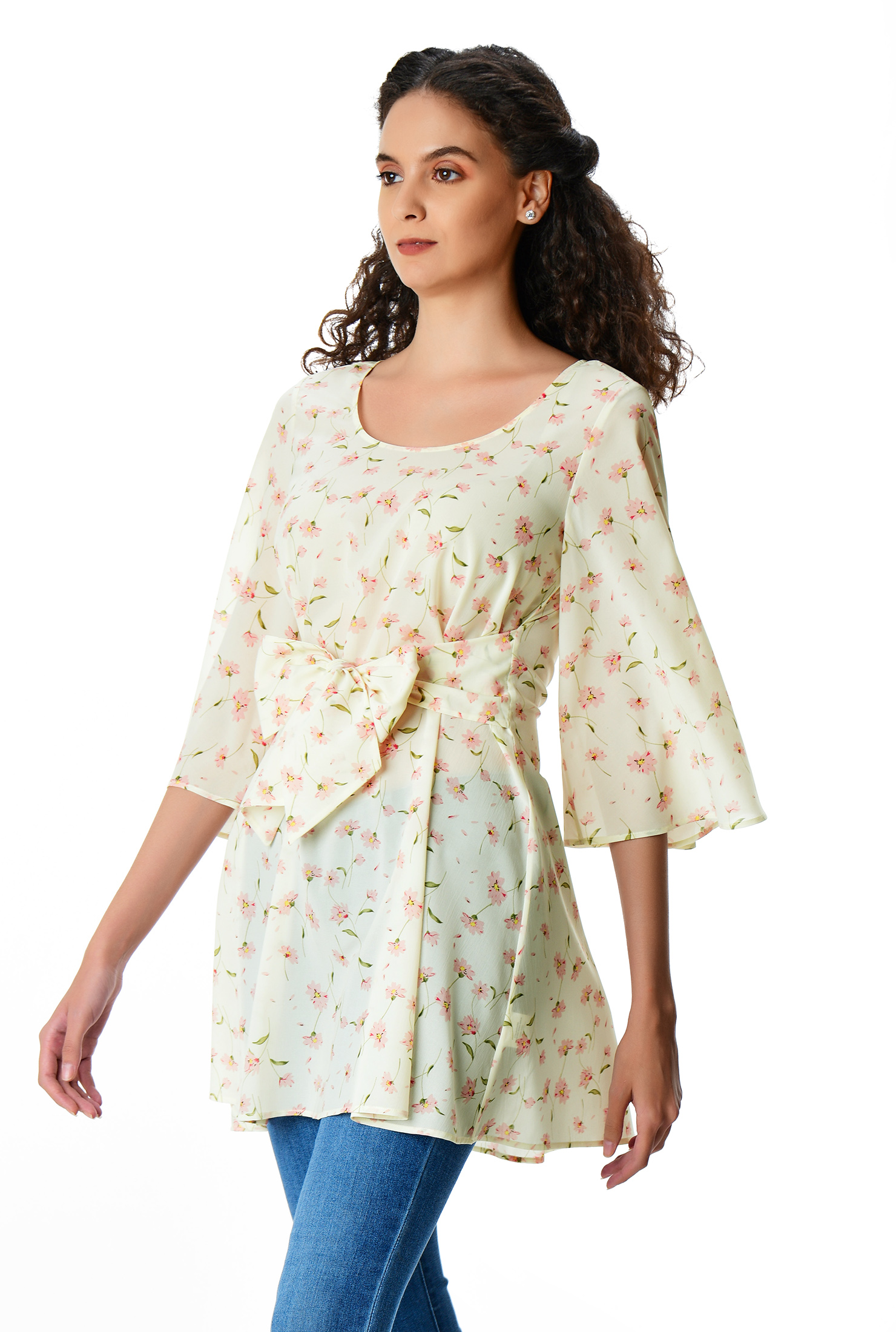 Shop Tie front bell sleeve floral print georgette tunic | eShakti