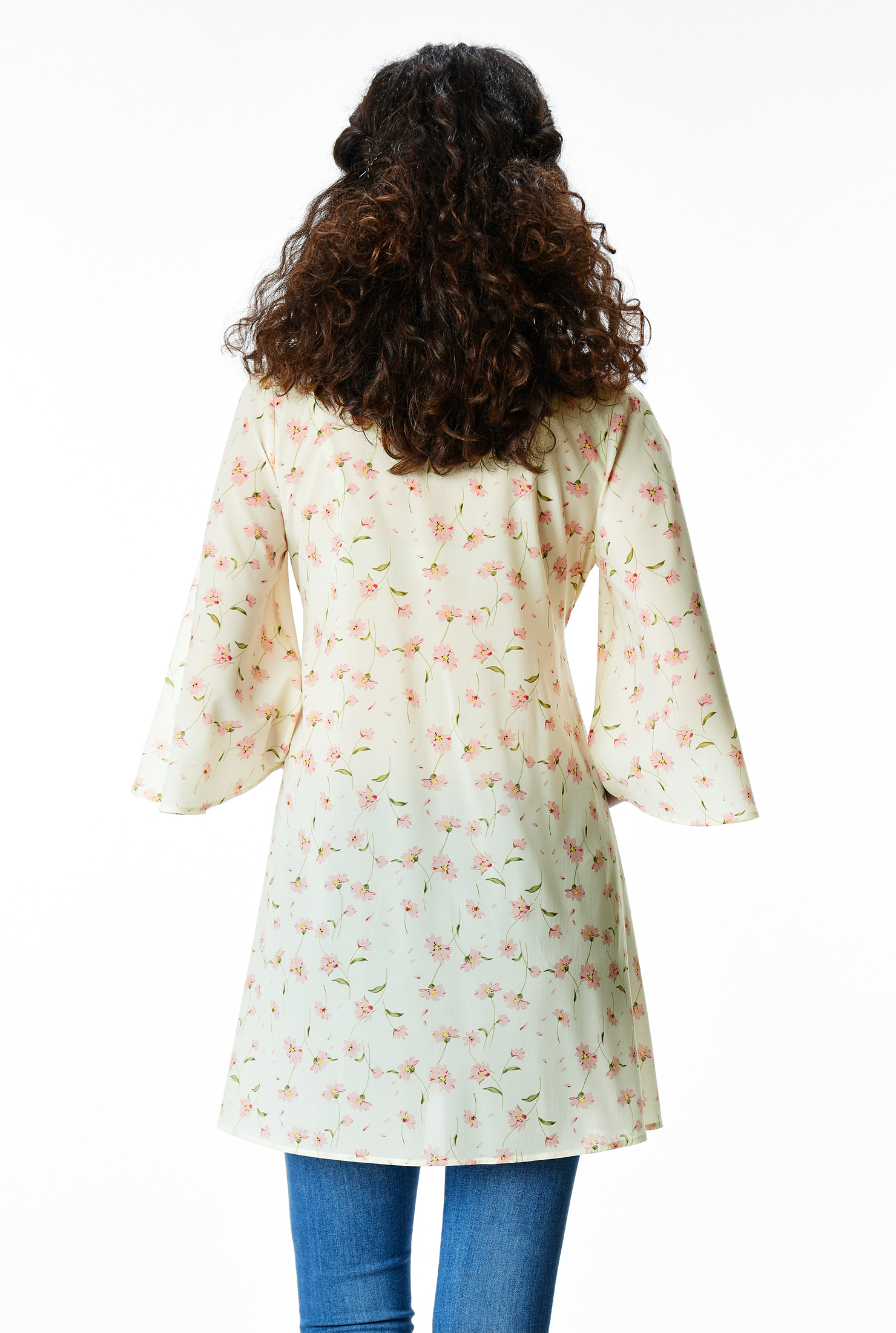 Shop Tie front bell sleeve floral print georgette tunic | eShakti