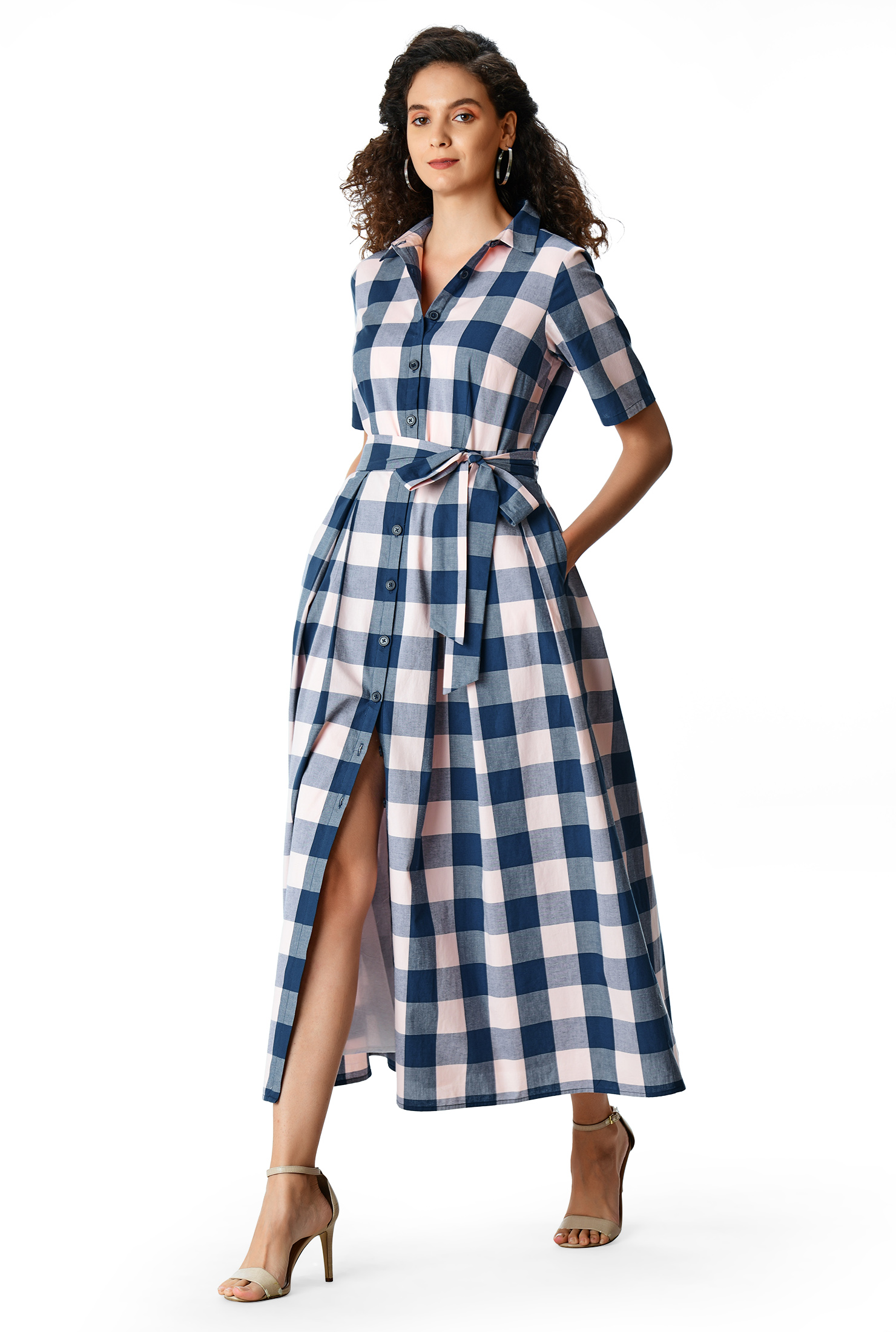 Shop Cotton check sash-tie maxi dress | eShakti
