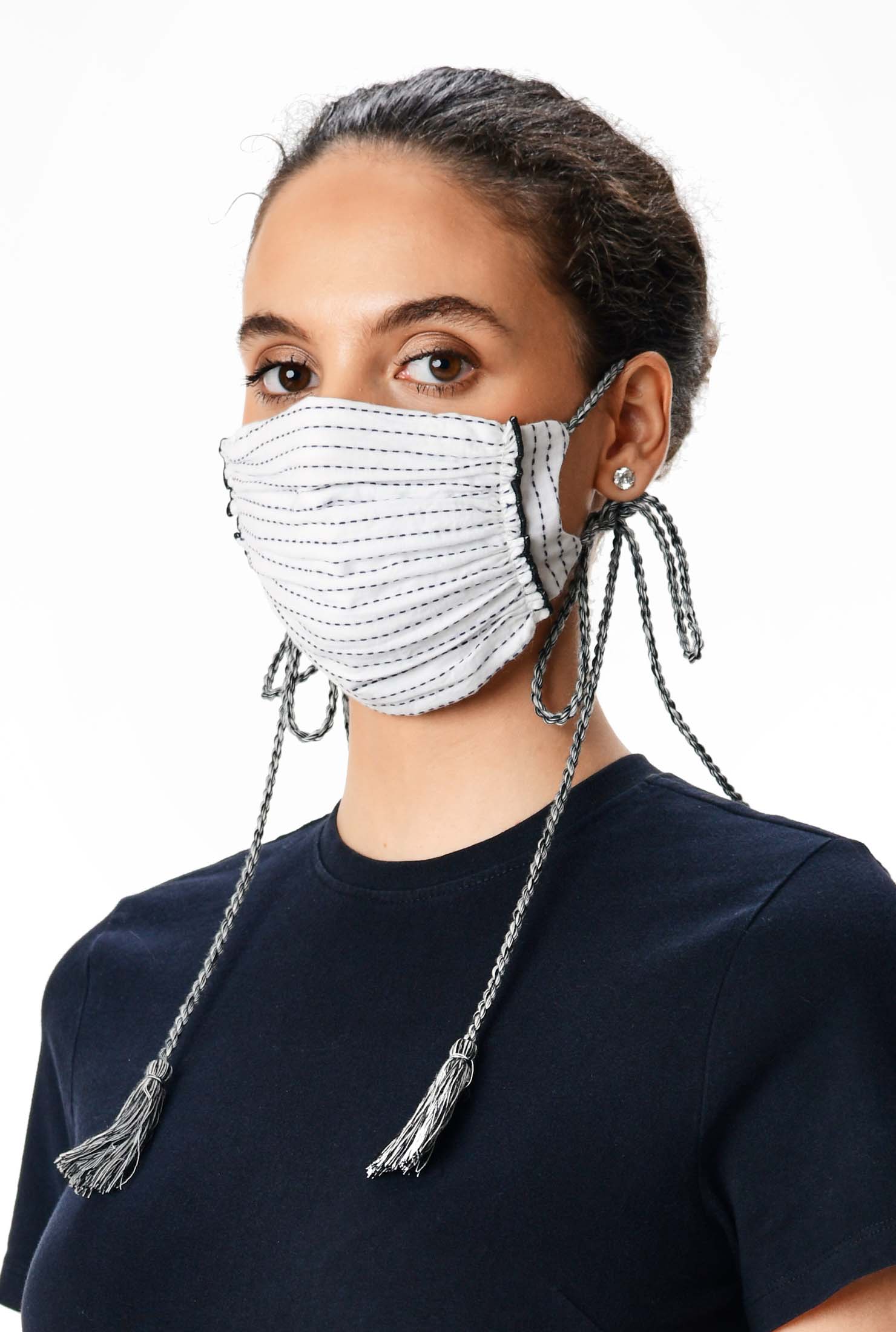 Shop Tassel tie back stripe cotton pleated face mask | eShakti