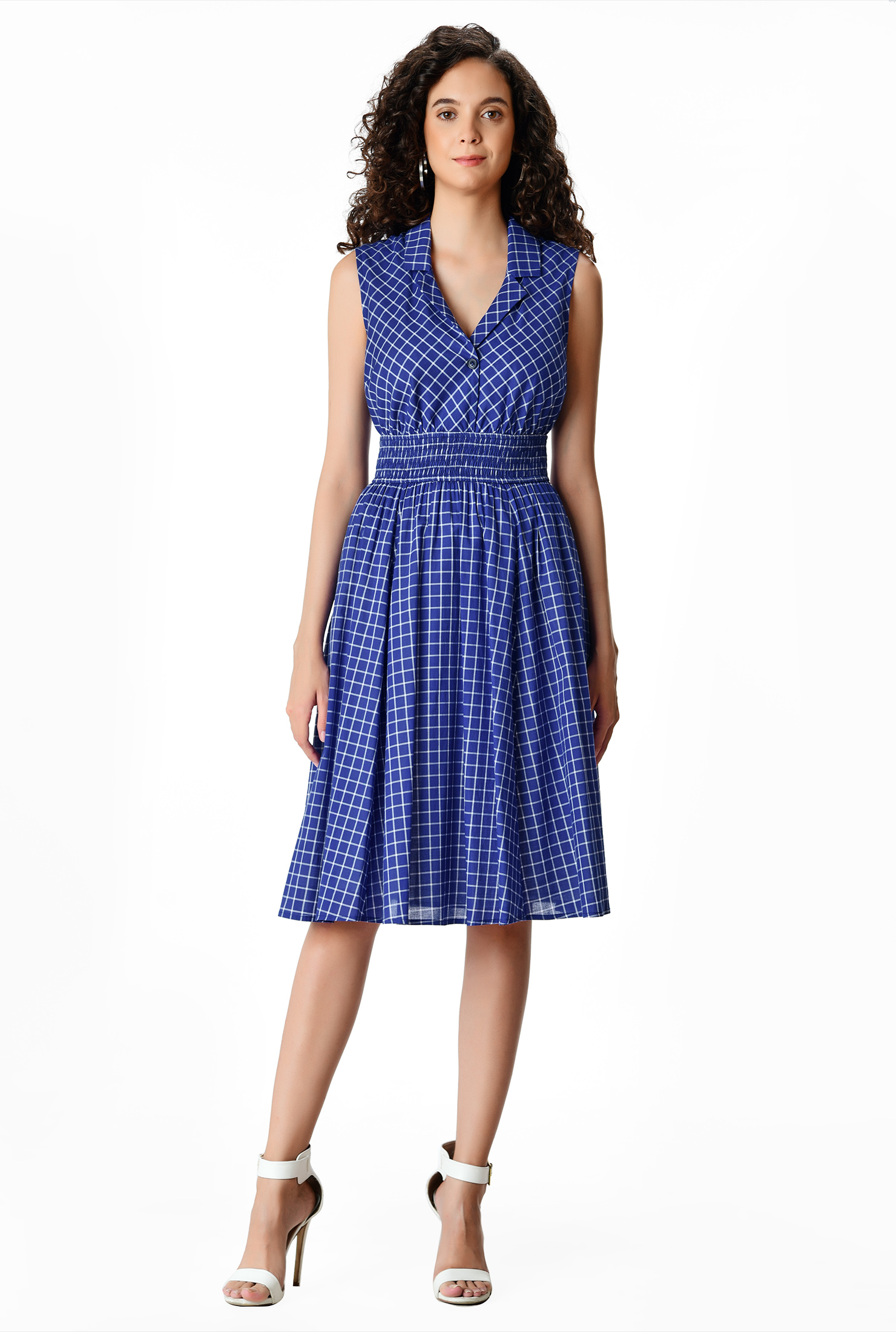 Shop Smocked waist cotton check shirtdress | eShakti