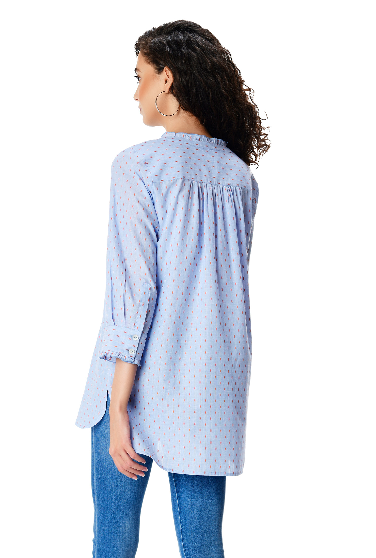 Shop Ruffle trim dot cotton high-low shirt | eShakti