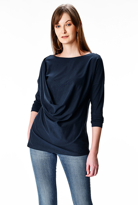 Shop Asymmetric drape front cotton knit top | eShakti