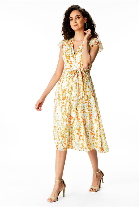 Shop Flutter sleeve floral print georgette surplice dress | eShakti