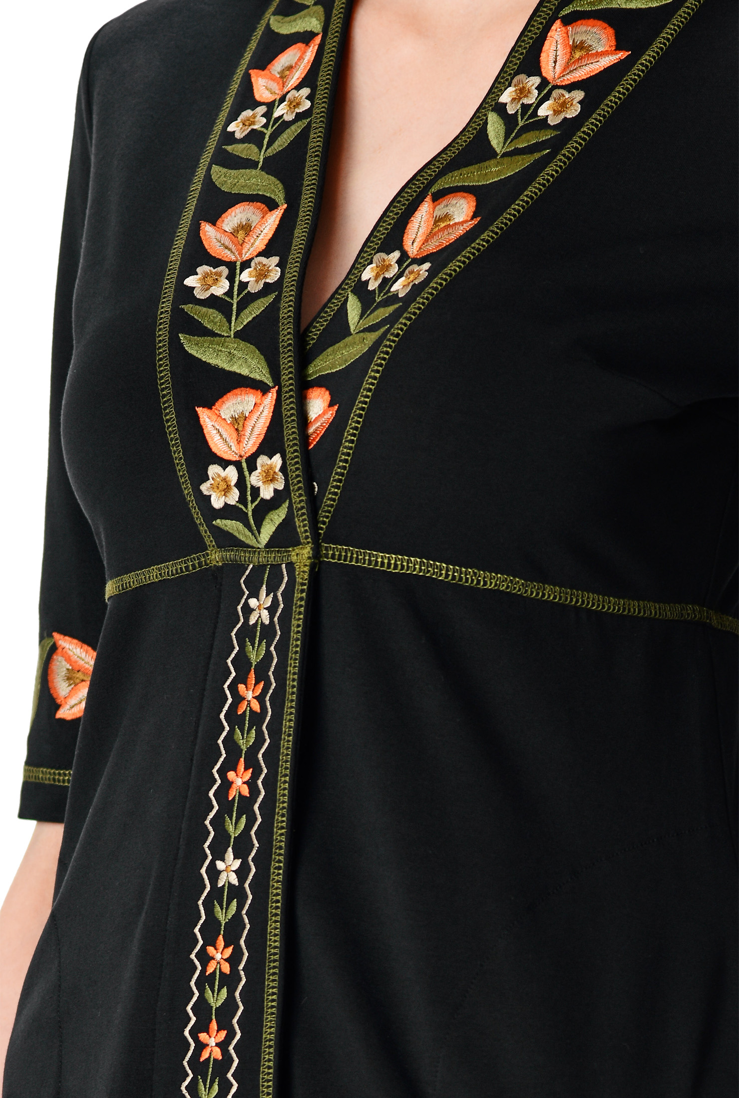 Shop Floral embroidery trim cotton knit shift dress | eShakti