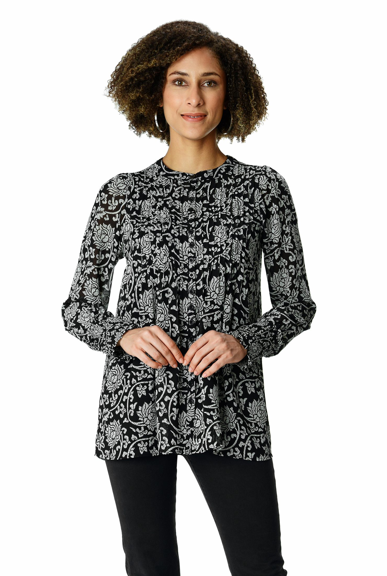 Shop Pintuck pleat floral vine print georgette tunic | eShakti