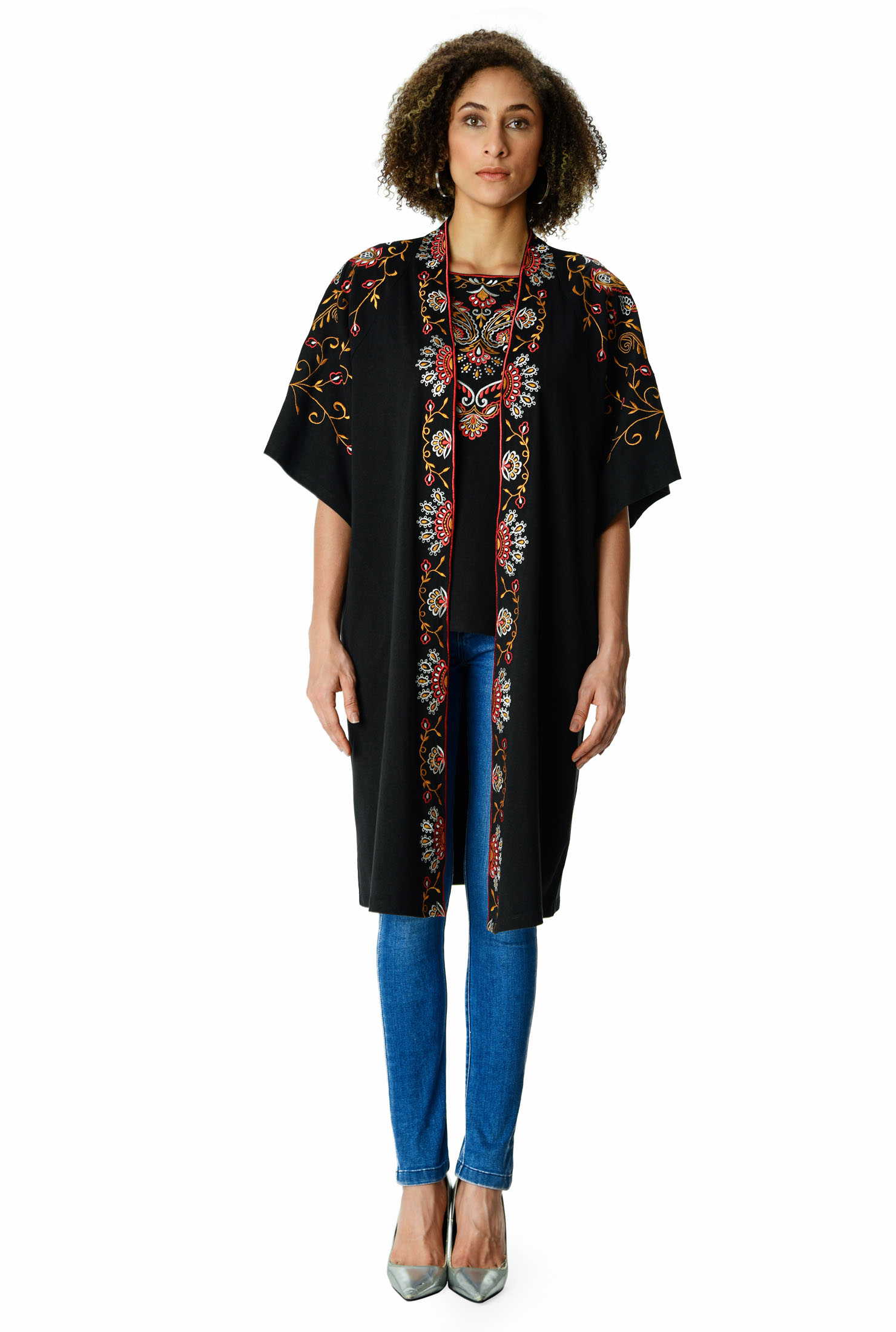 Shop Floral embroidery cotton jersey open front duster | eShakti