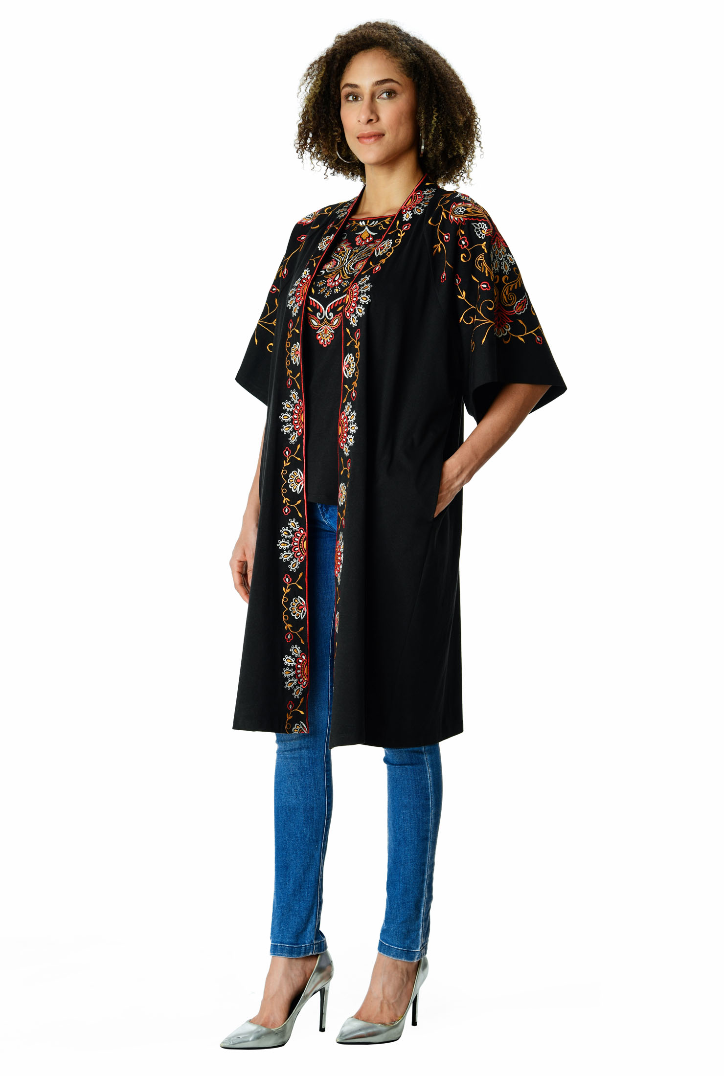 Shop Floral embroidery cotton jersey open front duster | eShakti