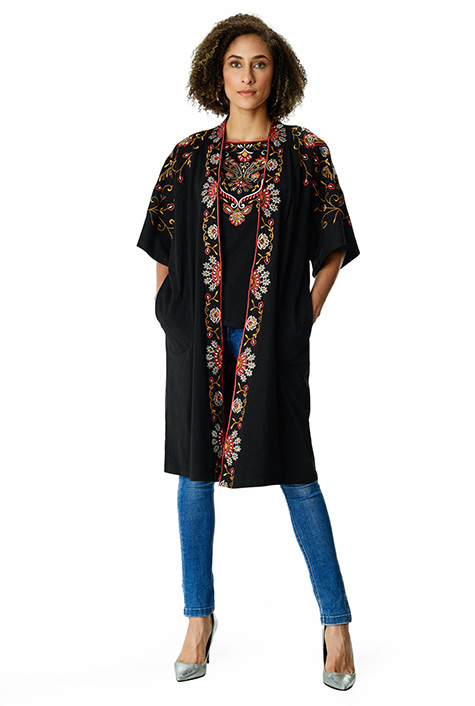 Shop Floral embroidery cotton jersey open front duster | eShakti