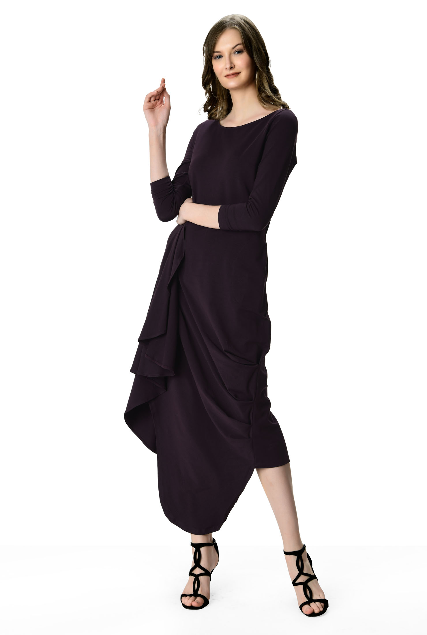 Shop Asymmetric ruffle drape cotton knit shift dress | eShakti