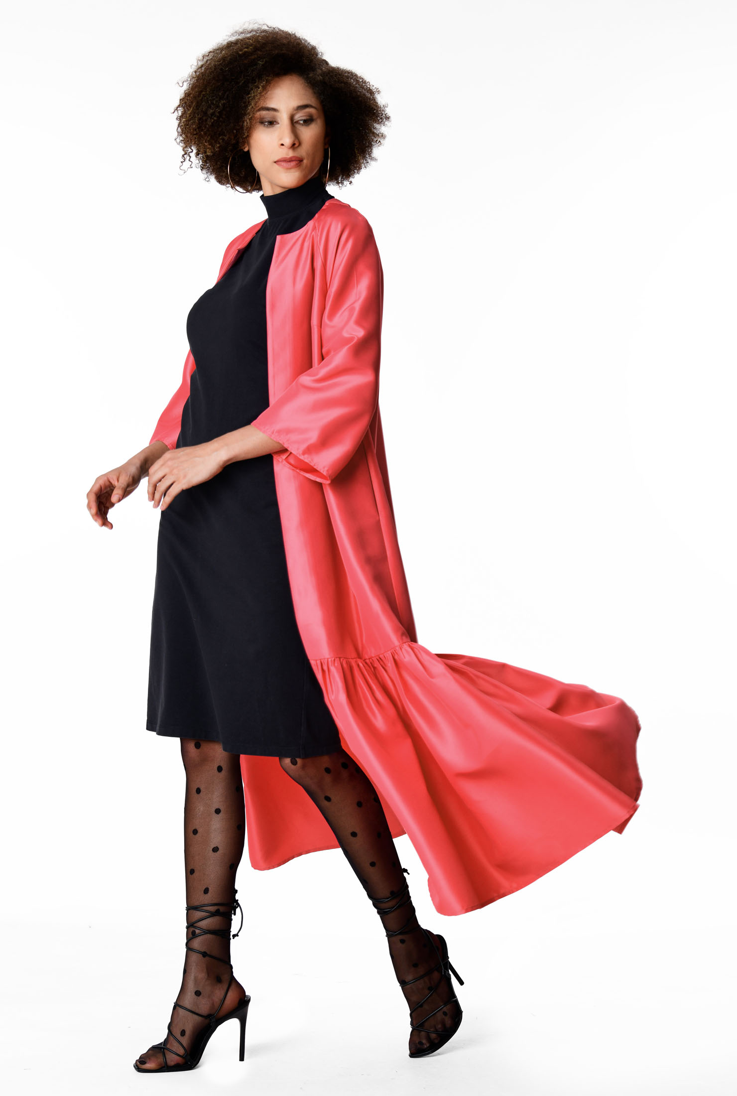 Shop Ruffle flounce hem satin long duster | eShakti
