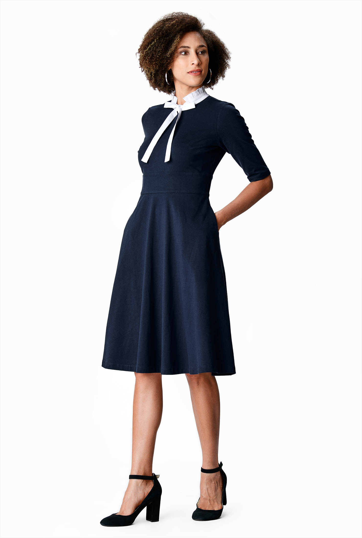 Shop Contrast ruffle collar cotton jersey dress | eShakti