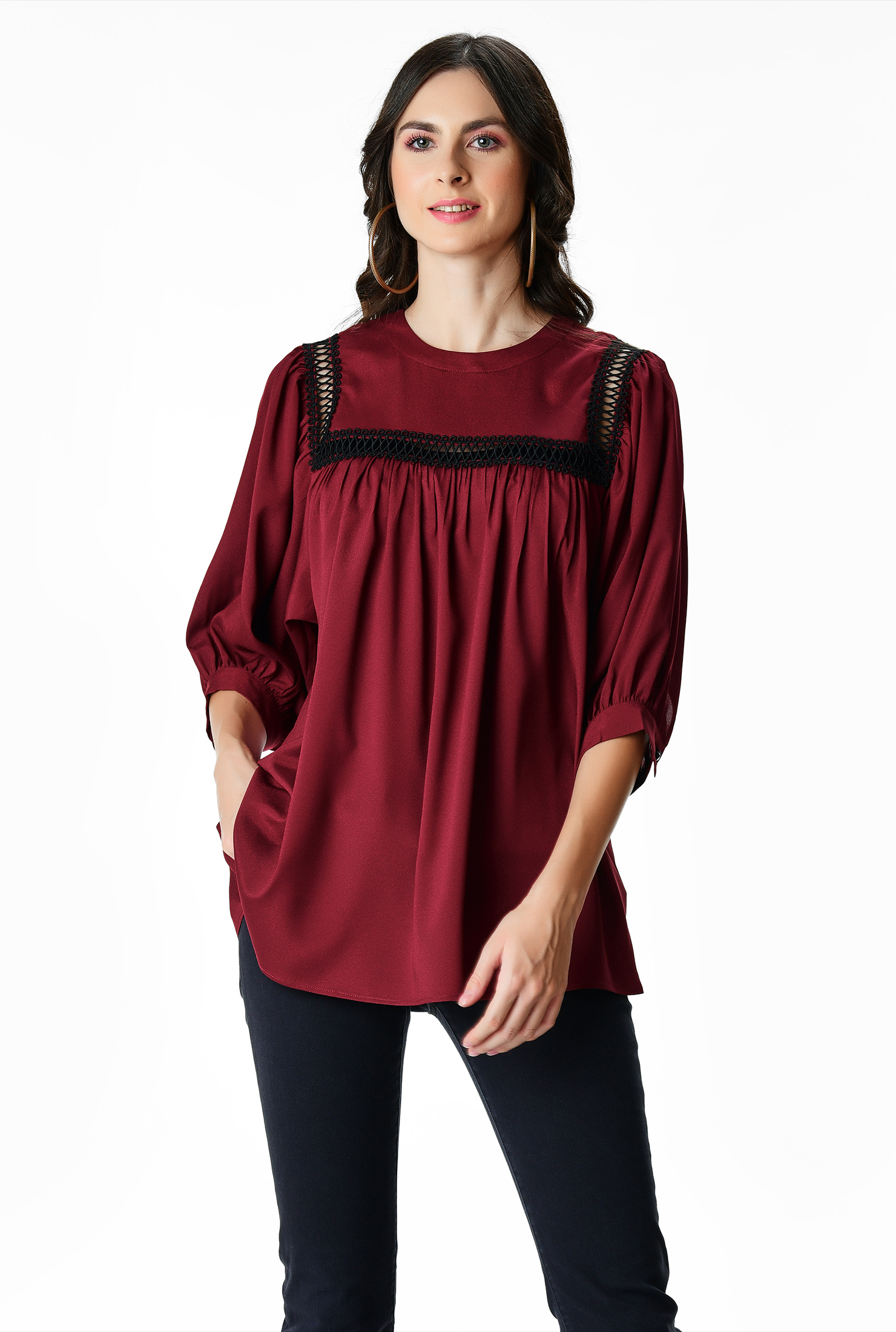 Shop Lattice trim ruched crepe top | eShakti