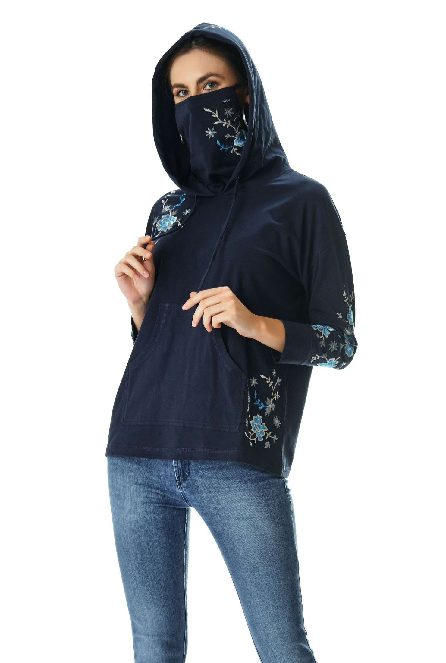 Shop Floral Embroidery Cotton Jersey Hoodie With Tubular Mask Eshakti