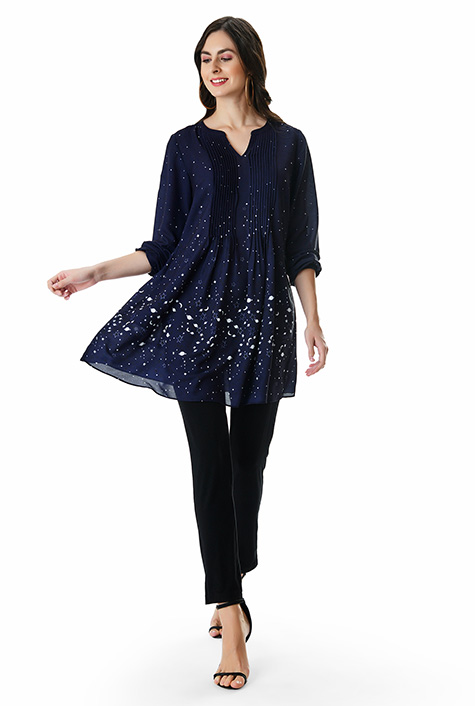 Shop Pintuck pleat constellation print crepe tunic | eShakti