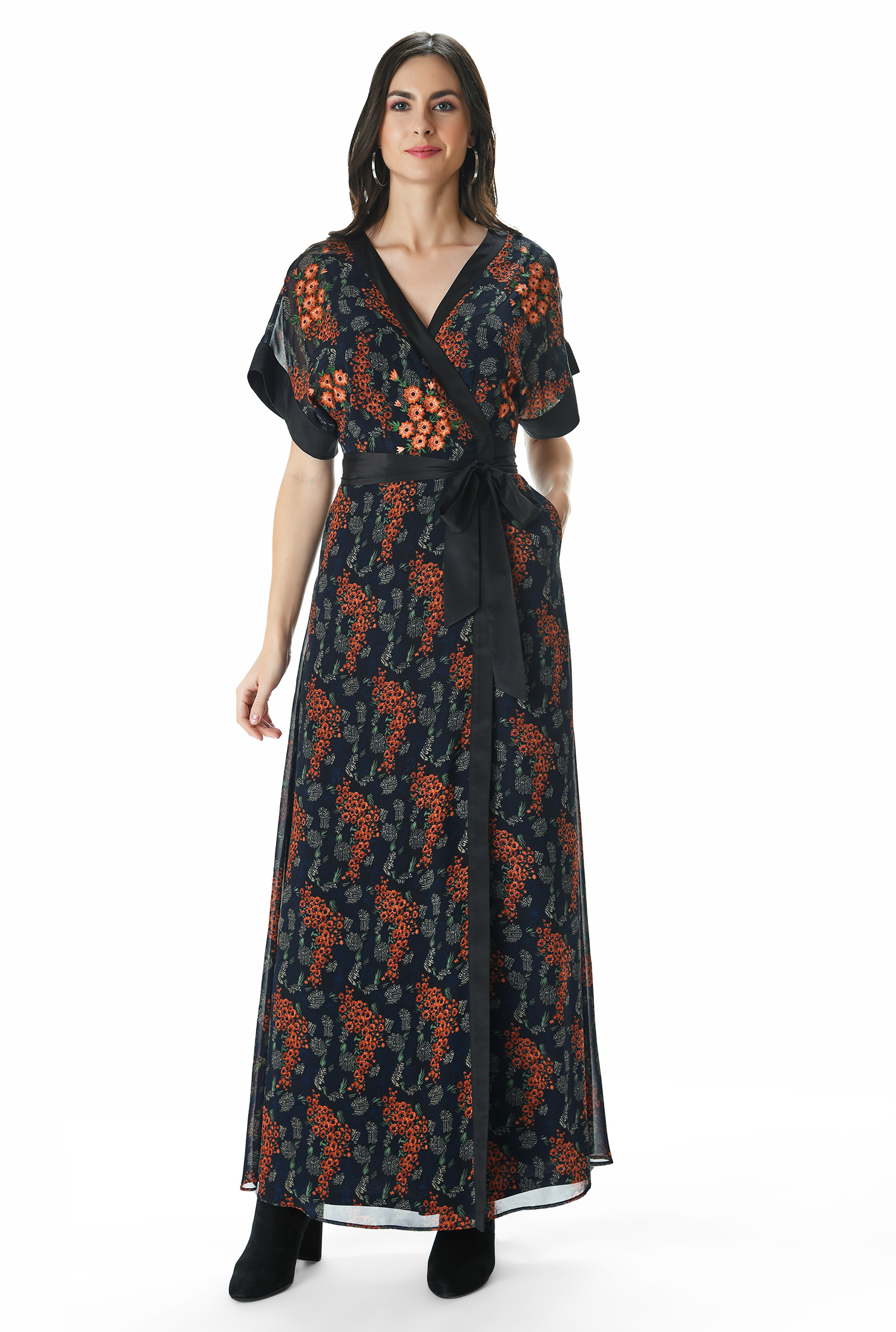 Shop Floral embroidery floral print georgette wrap dress | eShakti