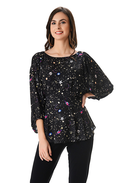 Shop Constellation print crepe sash tie peplum blouse | eShakti