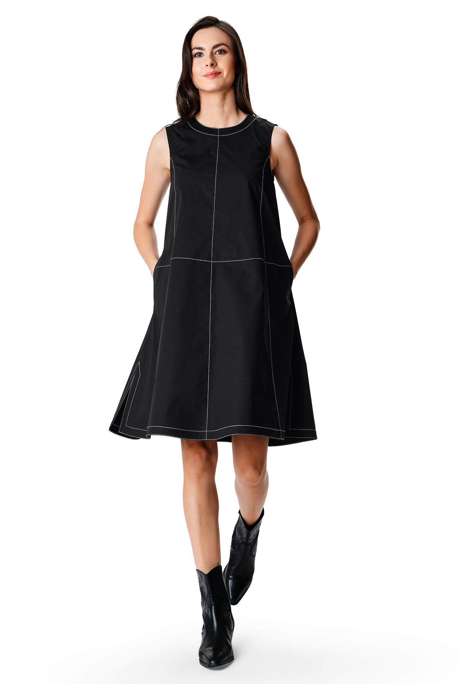 Shop Contrast top-stitch cotton poplin shift dress | eShakti