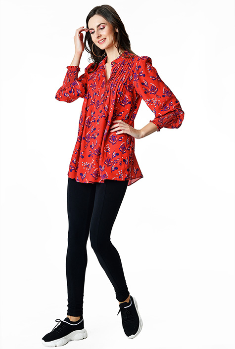 Shop Pintuck pleat floral print crepe tunic | eShakti