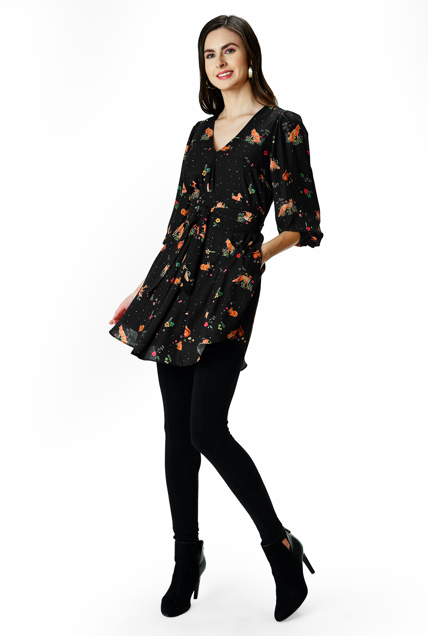 Shop Obi belt fox squirrel print crepe tunic | eShakti