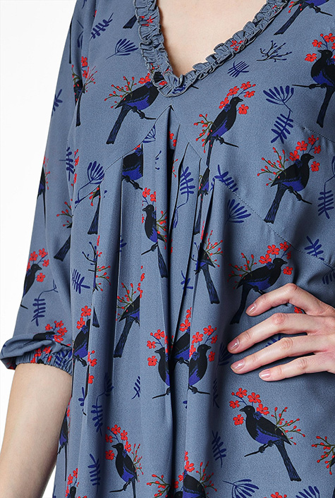 Shop Ruffle trim bird floral print crepe tunic | eShakti