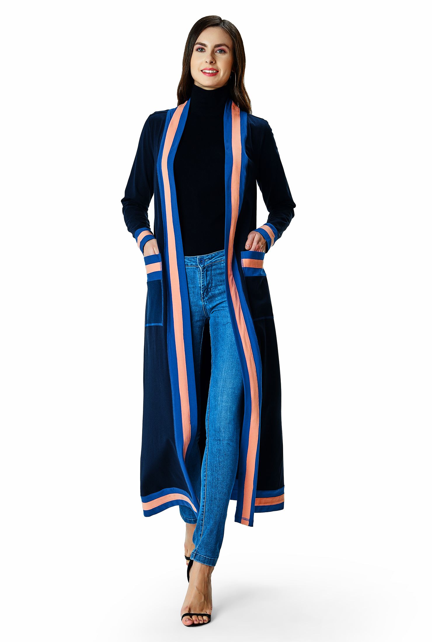 Shop Stripe trim cotton jersey long duster | eShakti