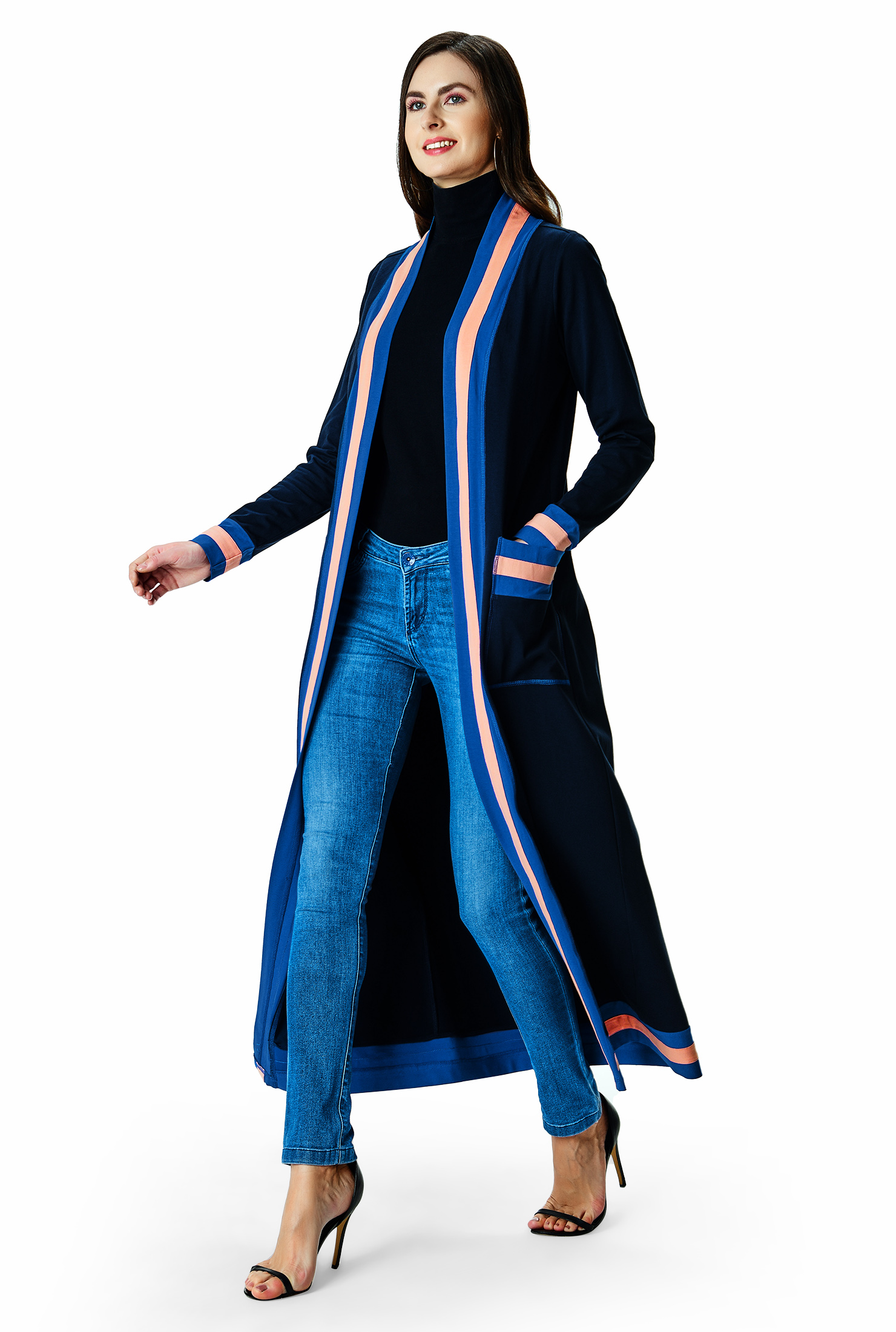 Shop Stripe trim cotton jersey long duster | eShakti