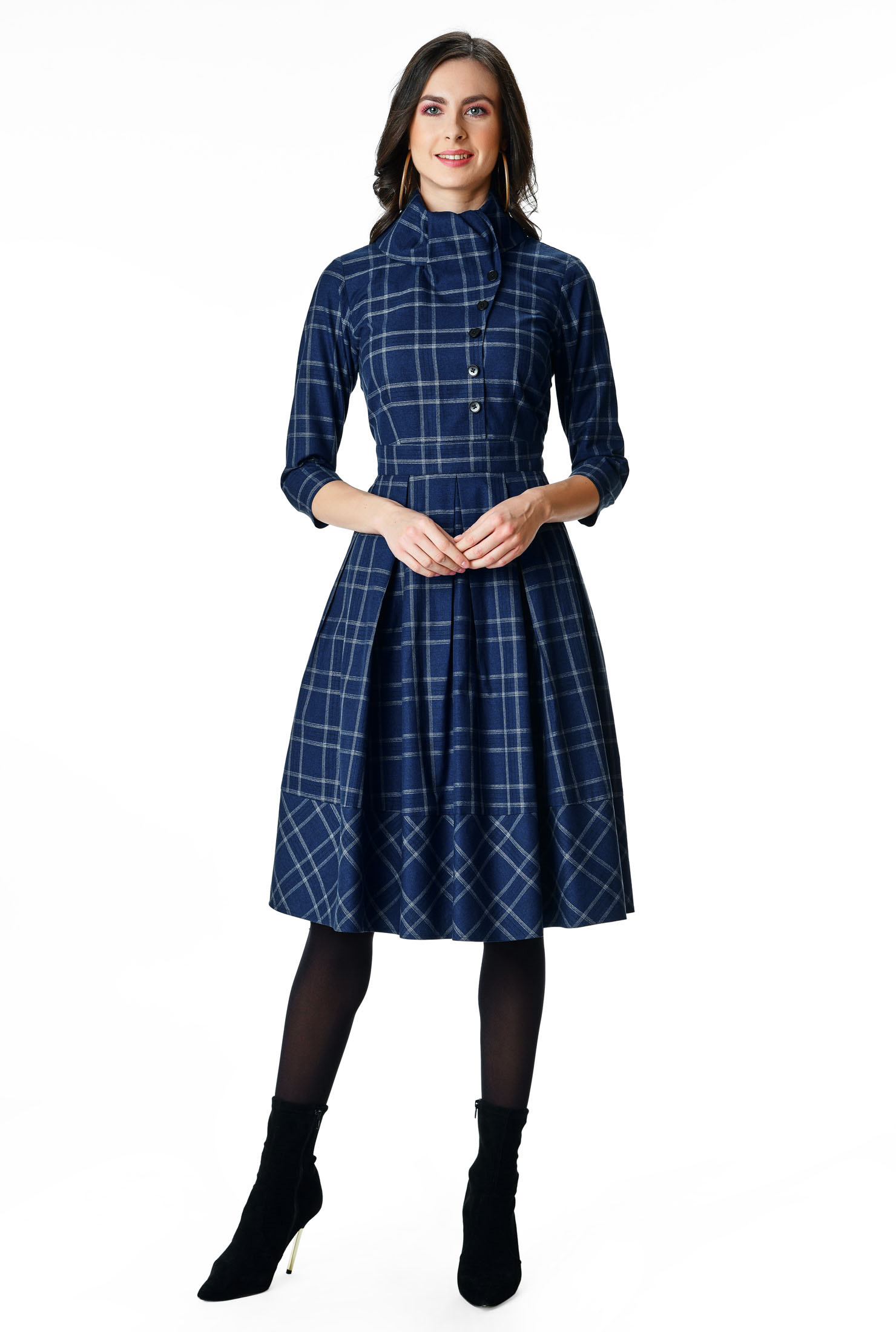 Shop Draped funnel neck cotton check dress | eShakti