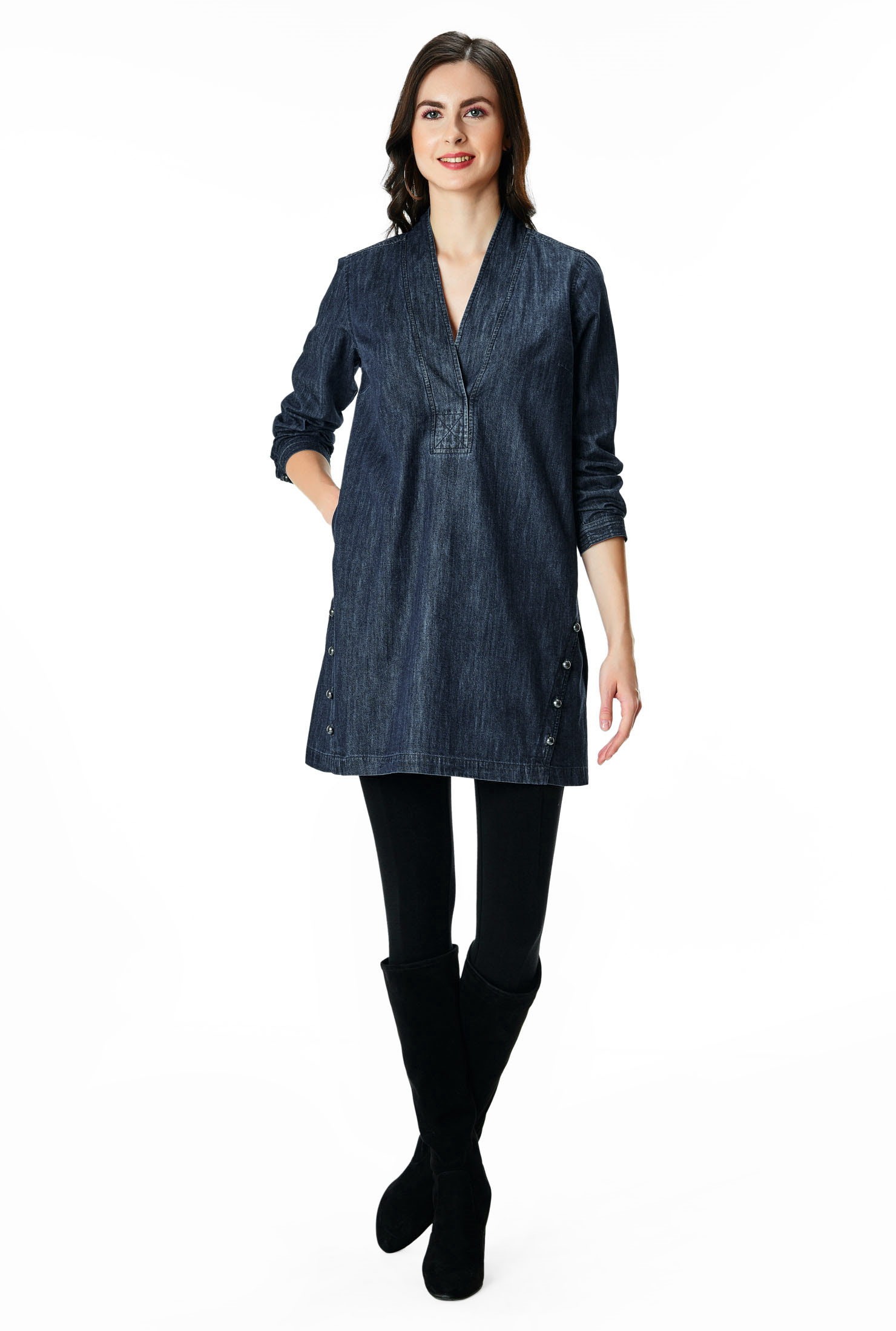 Shop Faux-button cotton denim tunic | eShakti