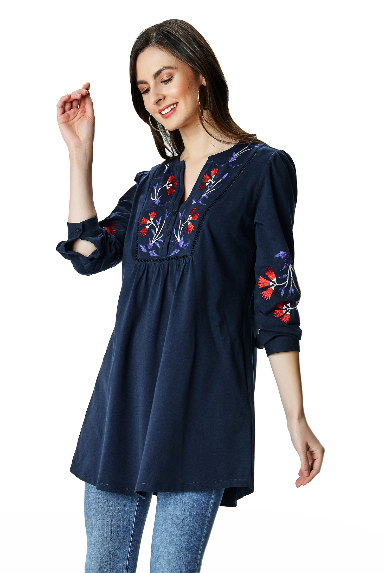 Shop Floral embroidery cotton jersey tunic | eShakti