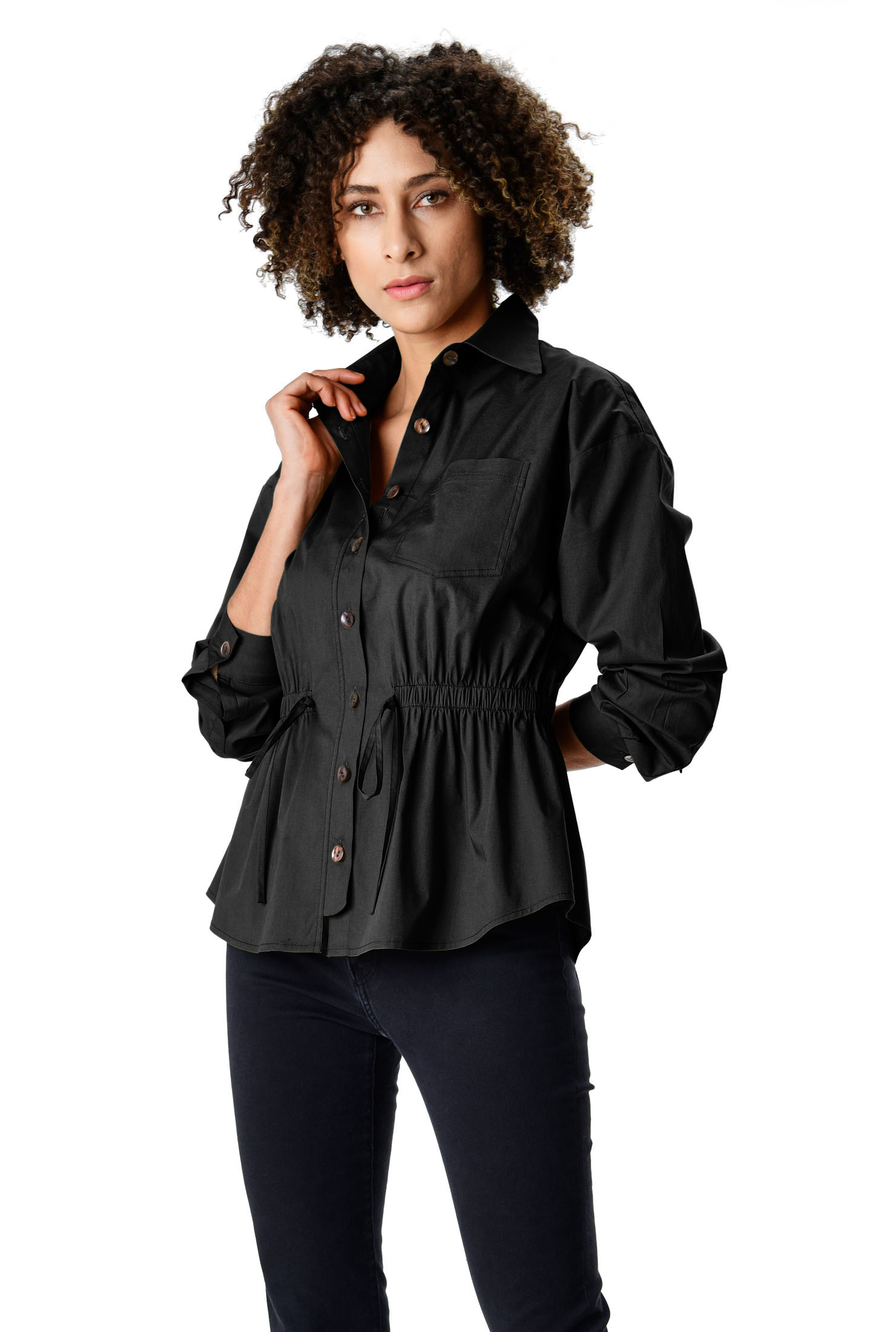 Shop Drawstring elastic waist cotton poplin peplum top | eShakti