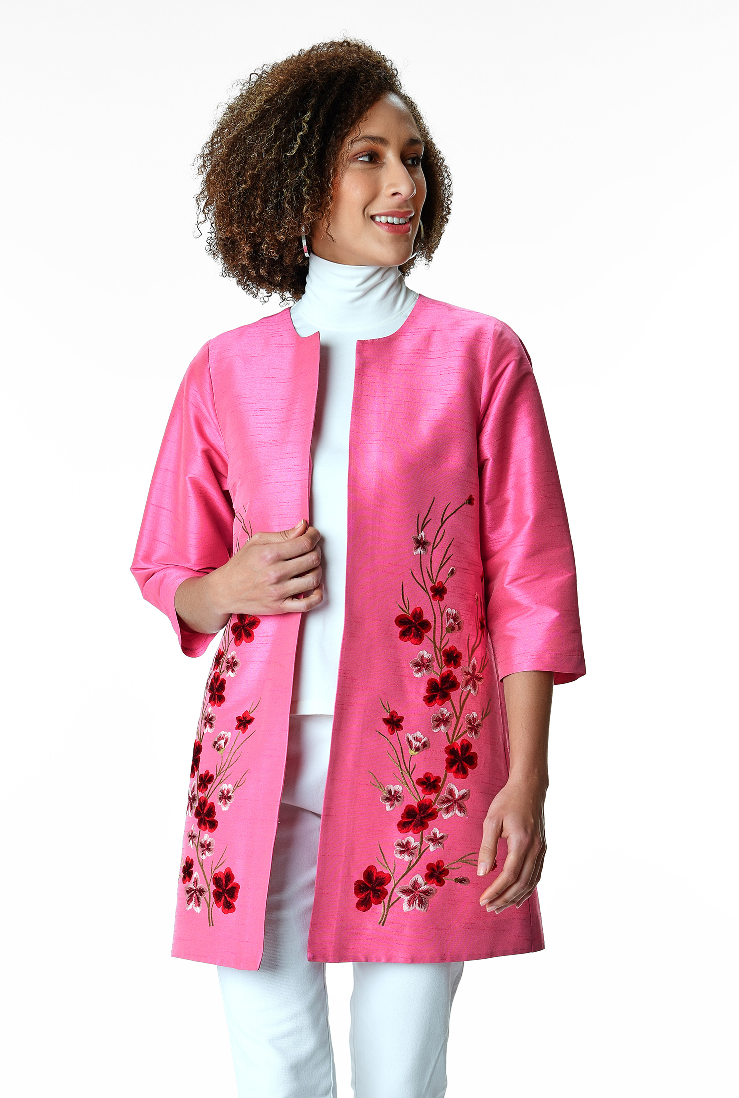 Shop Floral vine embroidery dupioni duster | eShakti