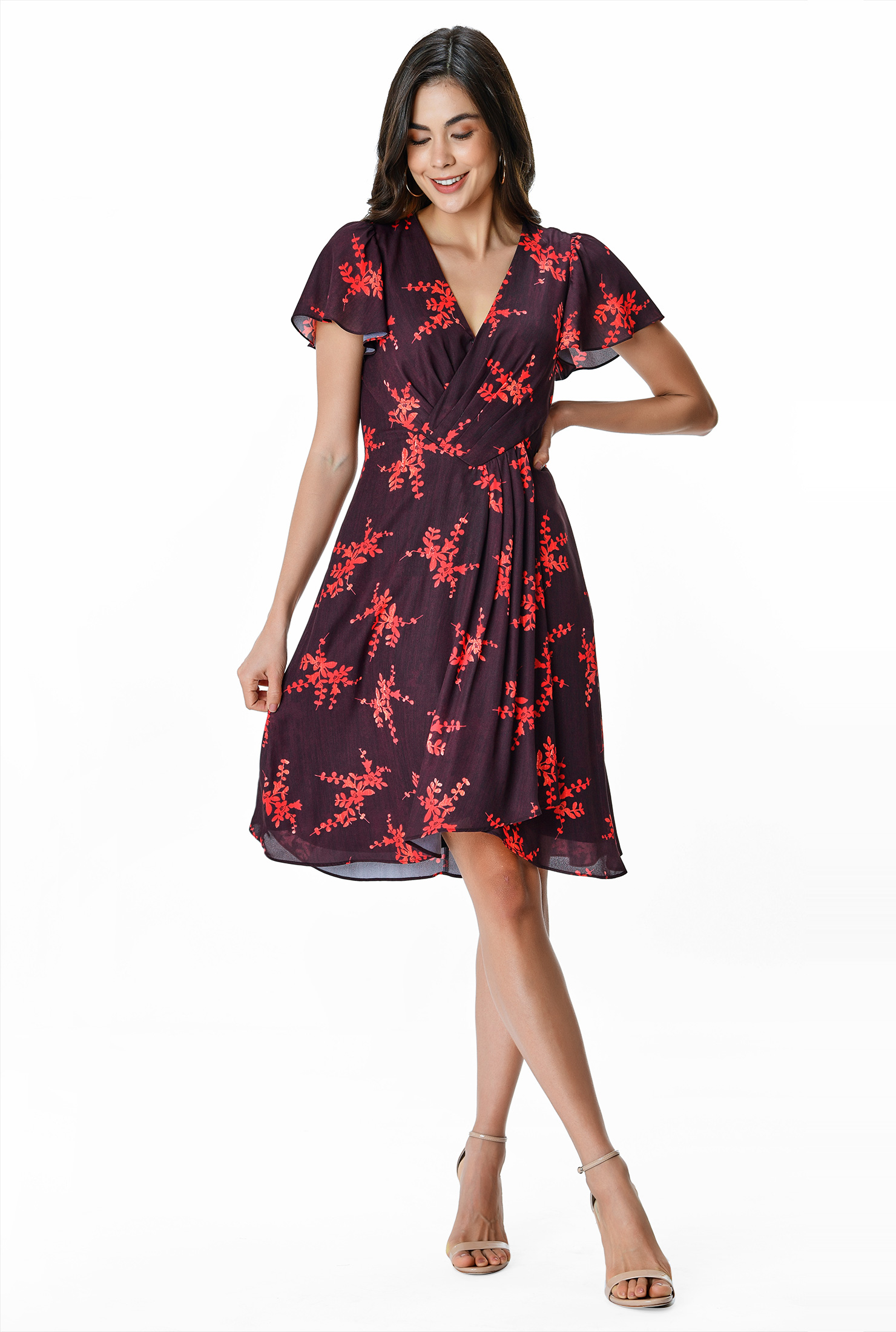 Shop Flutter sleeve floral print crepe surplice dress | eShakti