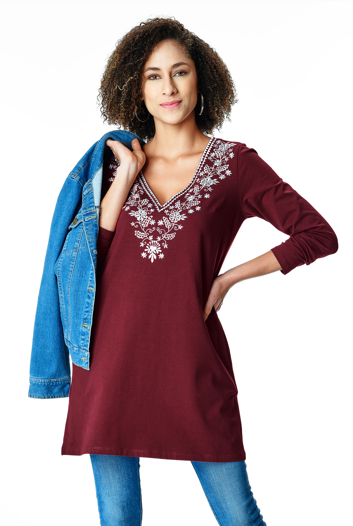 Shop Floral embroidery cotton jersey tunic | eShakti