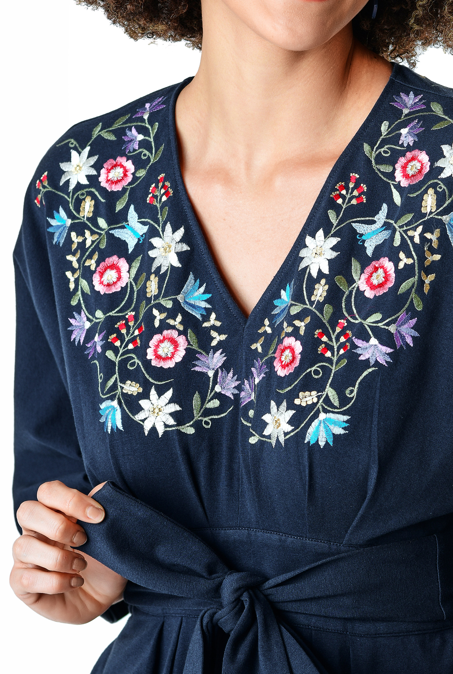 Shop Floral embroidery cotton jersey banded empire tunic | eShakti