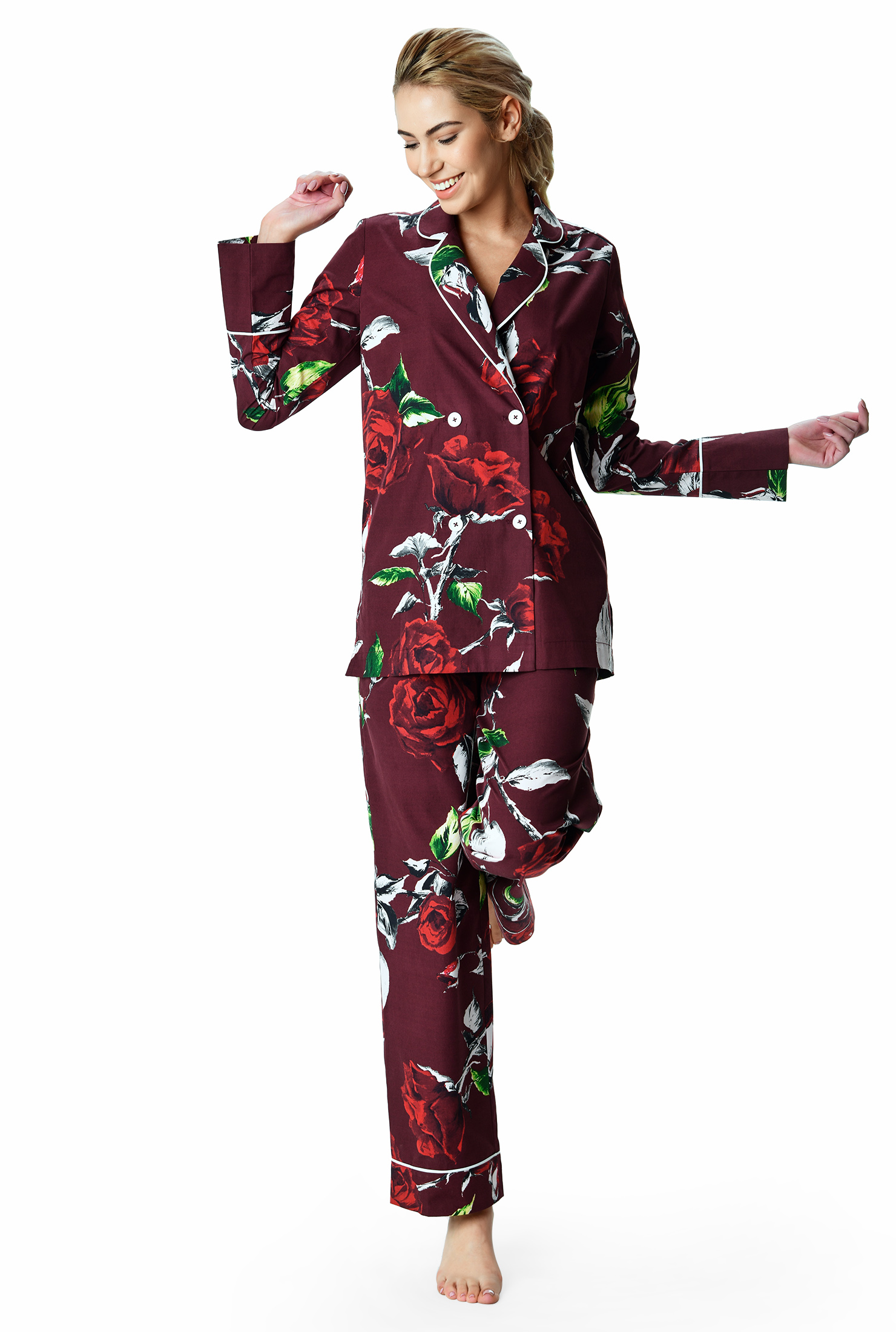 Shop Rose print cotton poplin pajamas | eShakti