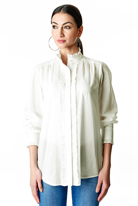 Shop Pintuck pleat cotton voile ruffle frill shirt | eShakti